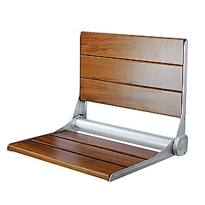 18" ADA Compliant Folding Serena Teak Wood Shower Bench Seat, Clear Coated for Extra Protection and Smooth Modern Finish, Foldable Aluminum Wall-Mounted Fold Up Bathroom Stool Seating Chair