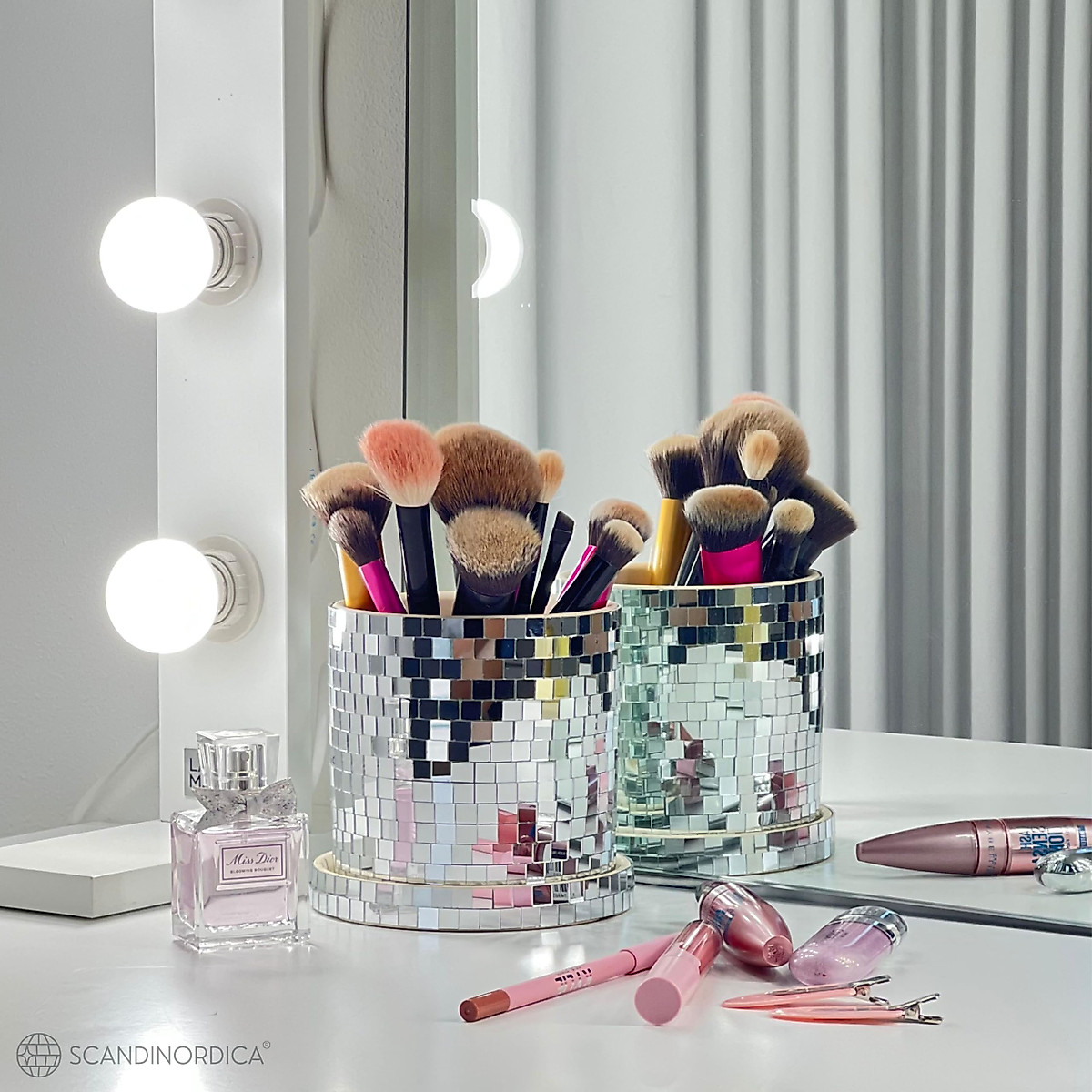 SCANDINORDICA Disco Ball Planter Pot - 4.3 inch Disco Ball Vase, Disco Planter, Ceramic Planter Pots Indoor with Drainage Hole and Saucer, Cute Eclectic Decor, Preppy Room Decor | 0.3" Mirror Tiles