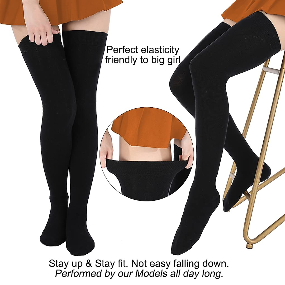 EZFS PLUS Thigh High Socks for Women Extra Long and Thick Over the Knee Cotton Boot Stockings Leg Warmer for Girls (Black 2 Pairs)