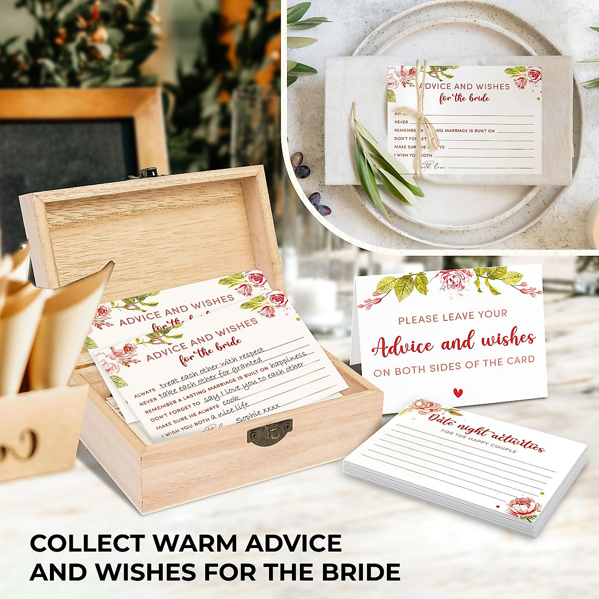 STOFINITY Advice for The Bride Cards - 50 Pcs Wedding Advice Cards for Bridal Shower Decorations, Marriage Advice and Wishes Cards Box for Wedding Shower Decor