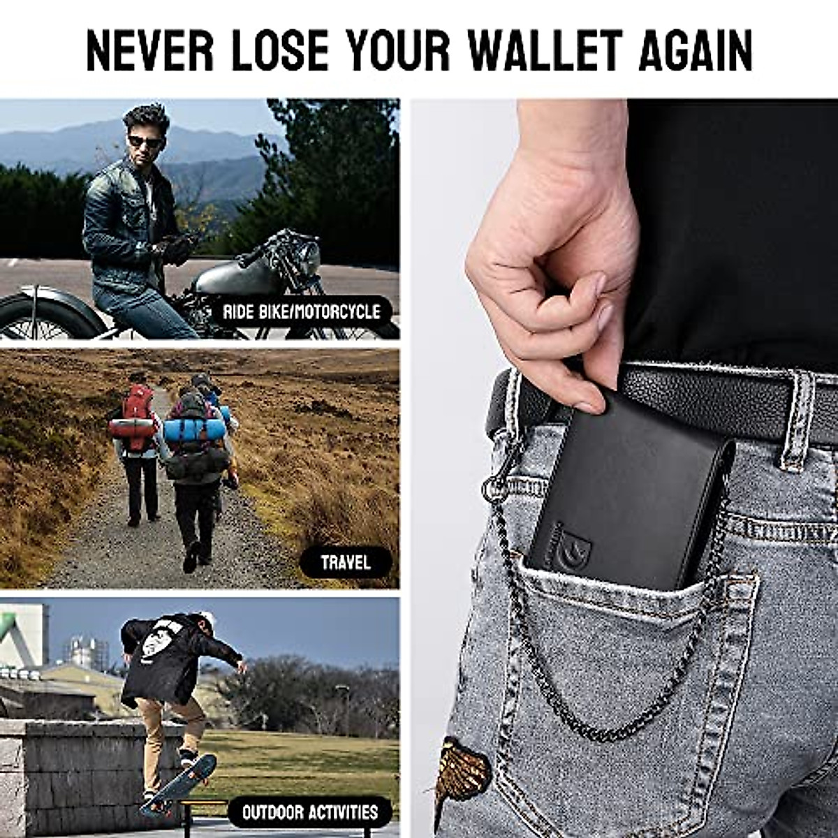 bill heart Chain Wallets for Men, RFID Blocking Genuine Leather Bifold Wallet with Sturdy Chain