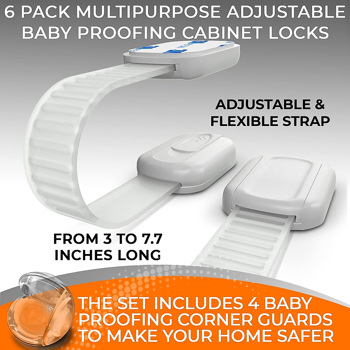Baby Safety Cabinet Locks (6 Pack + 4 Guards) 3M Adhesive Child Proofing Latches, to Baby Proof Cupboard, Drawers, Fridge, Toilet Seat, Dishwasher, Adjustable Kids Proofing Straps