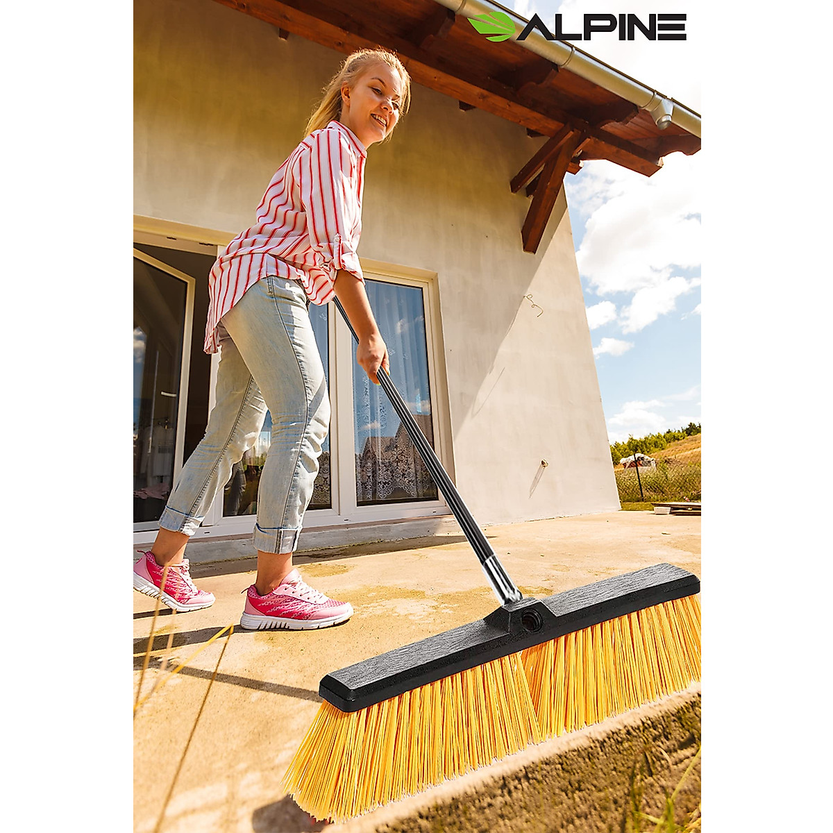 Alpine Industries Push Broom Heavy Duty Smooth Surface Broom Deck Scrubber Long Handle Commercial Floor Scrub Broom Cleans Dirt, Debris, Sand, Mud, Leaves and Water (Yellow, 18 in)