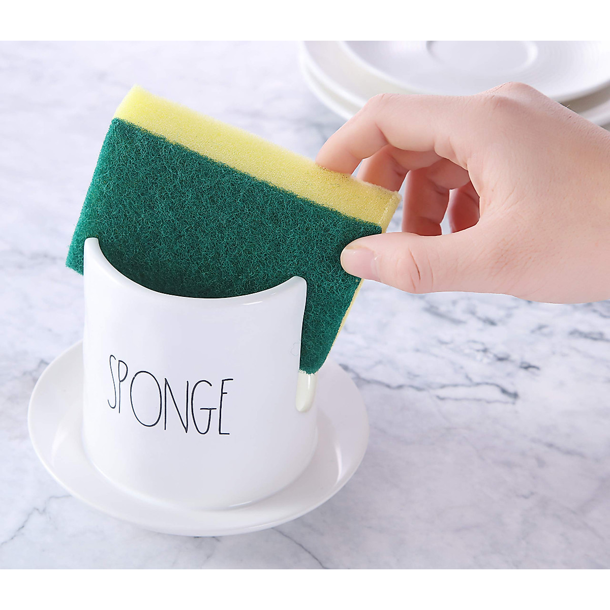 Sponge Holder for Kitchen Sink Modern Farmhouse White Ceramic Sponge Caddy with Drip Tray & Includes Two Sponges by Salbree (White, 1)