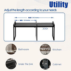 Beeloving Expandable Cabinet Shelf Organizer Storage Rack Space Riser for Kitchen Bathroom Pantry Spice Cupboard Countertop Desk Home Office Dish Cup Bottle Pot Metal Plate Heavy Duty Nonslip Black