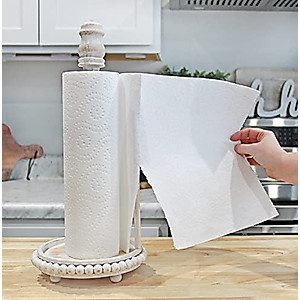 AuldHome Farmhouse Paper Towel Holder (Whitewashed); Wooden Beaded Rustic Disposable Towel Dispenser for Countertop