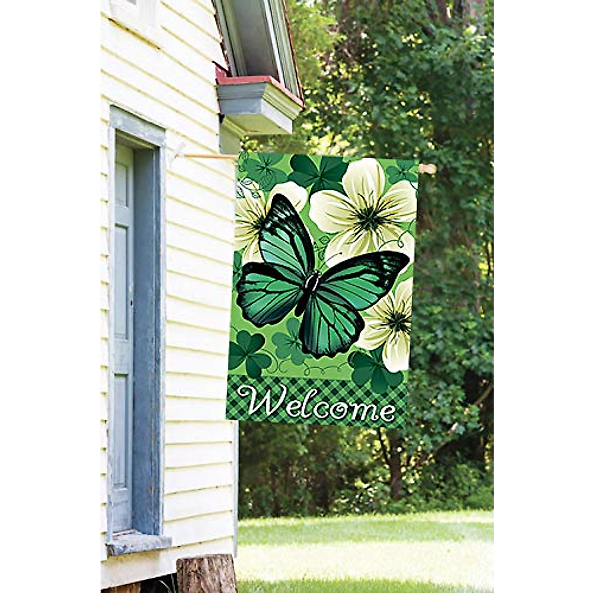 Morigins Welcome Clover Butterfly House Flag Decorative St.Patrick's Day Double Sided Flag 28 X 40 Inch