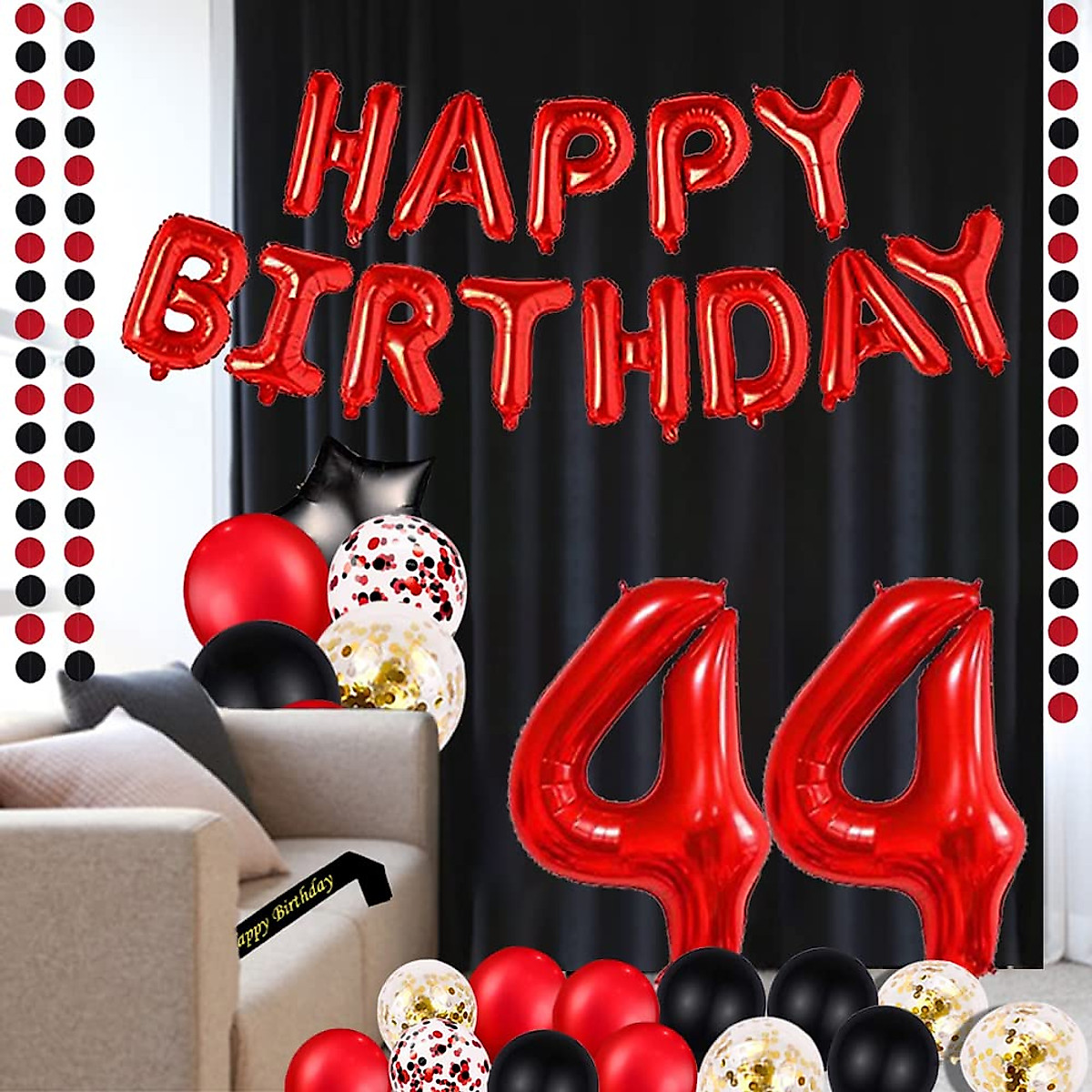 Red 44TH Birthday Party Decorations Supplies Red theme 16inch Red Foil Happy Birthday Balloons Banner Happy Birthday sash Foil Black Curtains Foil Balloons Number Red 44 Risehy