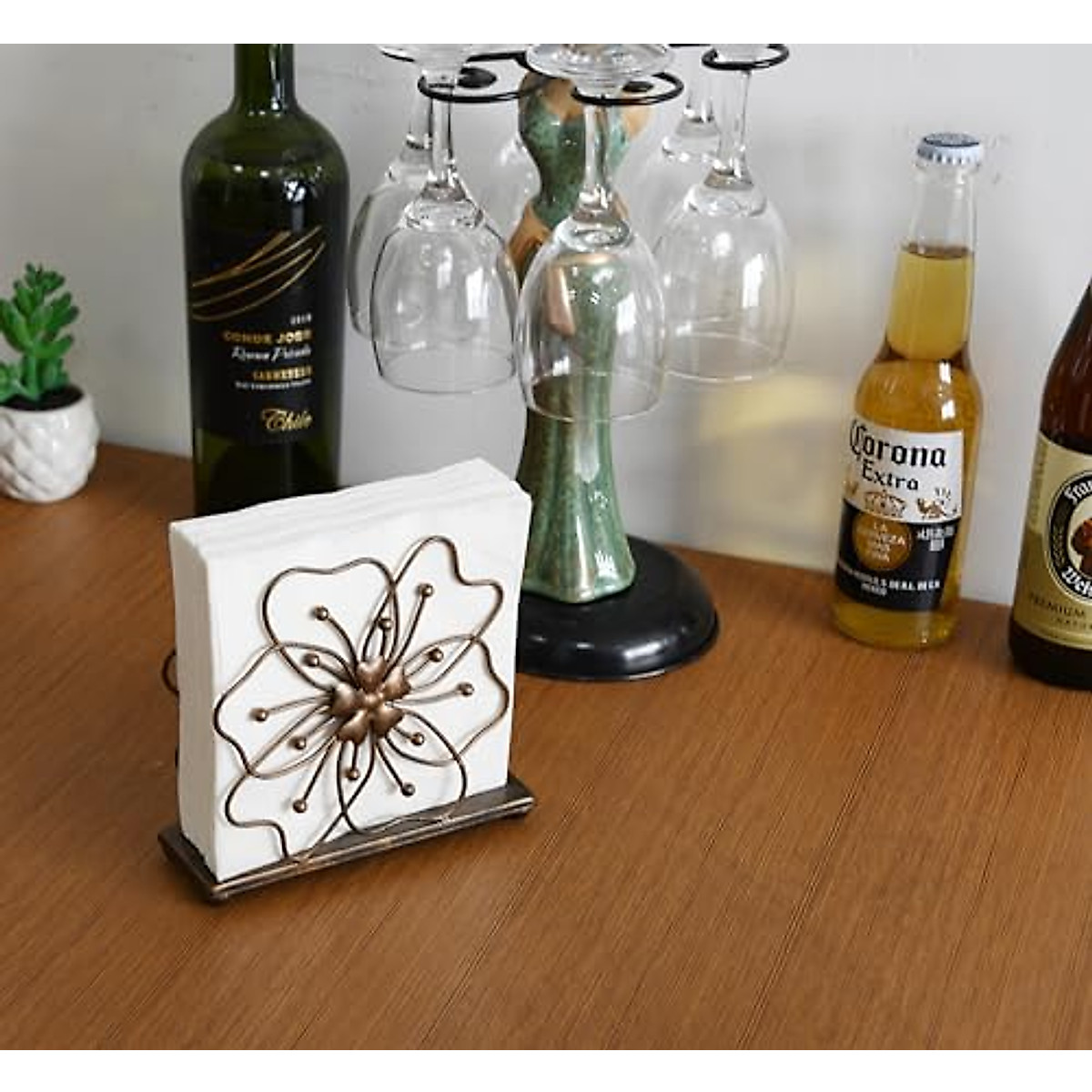 OwlGift Flower Style Napkin Holder, Freestanding Tissue Dispenser, Dining Table Napkin Storage for Home Kitchen Restaurant Picnic Party Wedding Housewarming – Bronze