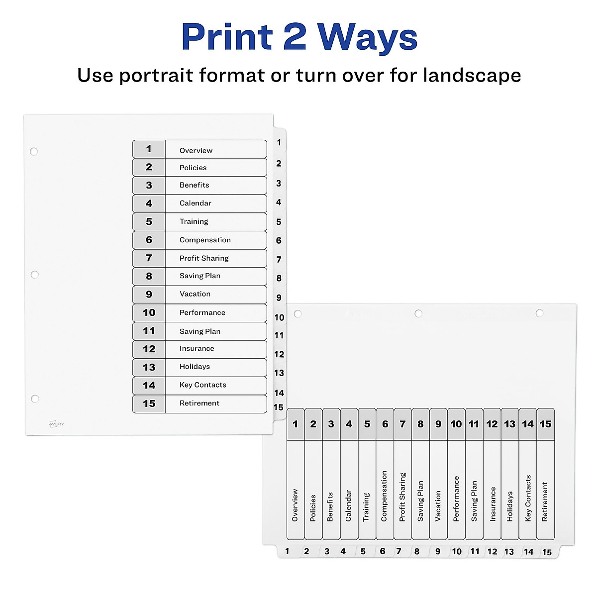 Avery 15 Tab Dividers for 3 Ring Binders, Customizable Table of Contents, Classic White Tabs, 3 Sets (11079)