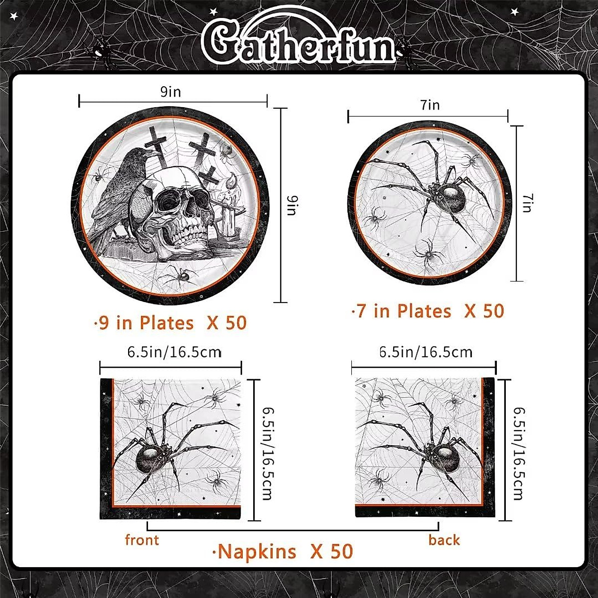 Gatherfun Spider Webs Halloween Party Supplies - Featuring Skull & Spider Themes, All-inclusive Wicked Web Paper Plates and Napkins. Ideal for Halloween Party Decorations, Serve 50 Guests.