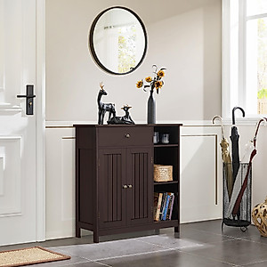Yaheetech Bathroom Floor Cabinet, Kitchen Freestanding Storage Organizer, Large Side Cabinet with Doors, Drawer & Adjustable Shelves for Living Room, Entryway, 12" D x 29.5" W x 31.5" H, Espresso