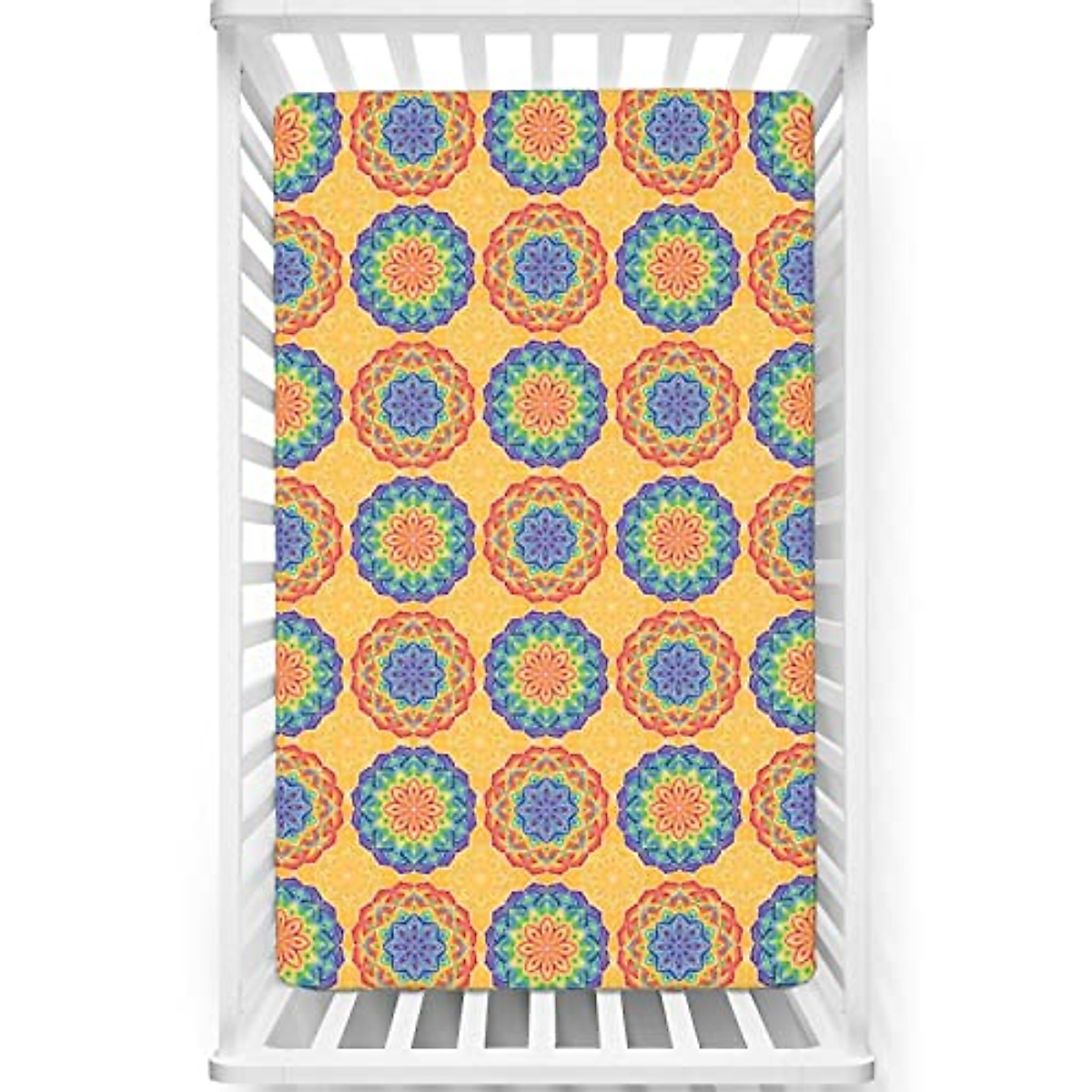 Rainbow Mandala Themed Fitted Mini Crib Sheets,Portable Mini Crib Sheets Ultra Soft Material-Baby Crib Sheets for Girl or Boy,24“ x38“,Multicolor