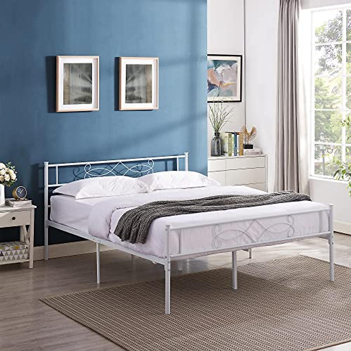 VECELO 14" Full Size White Metal Platform Bed Frame with Headboard,Premium Steel Slat Support/No Box Spring Needed/Noise-Free/Easy Assembly