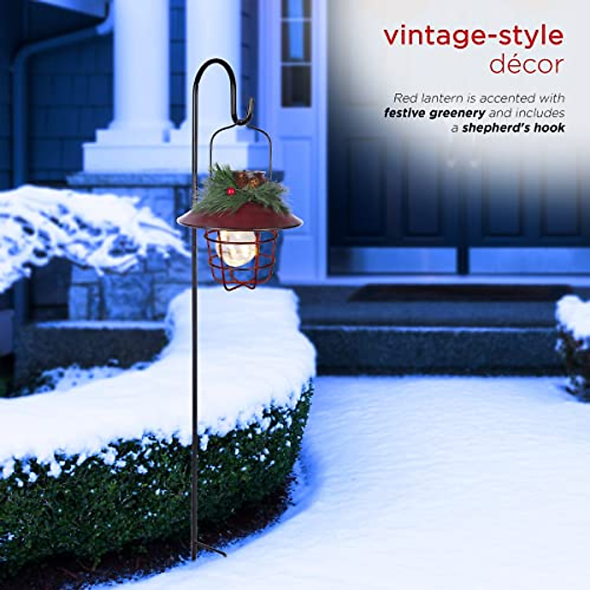 Alpine Corporation Metal Lantern with Shepherd's Hook and Solar Warm White LED Lights, Red