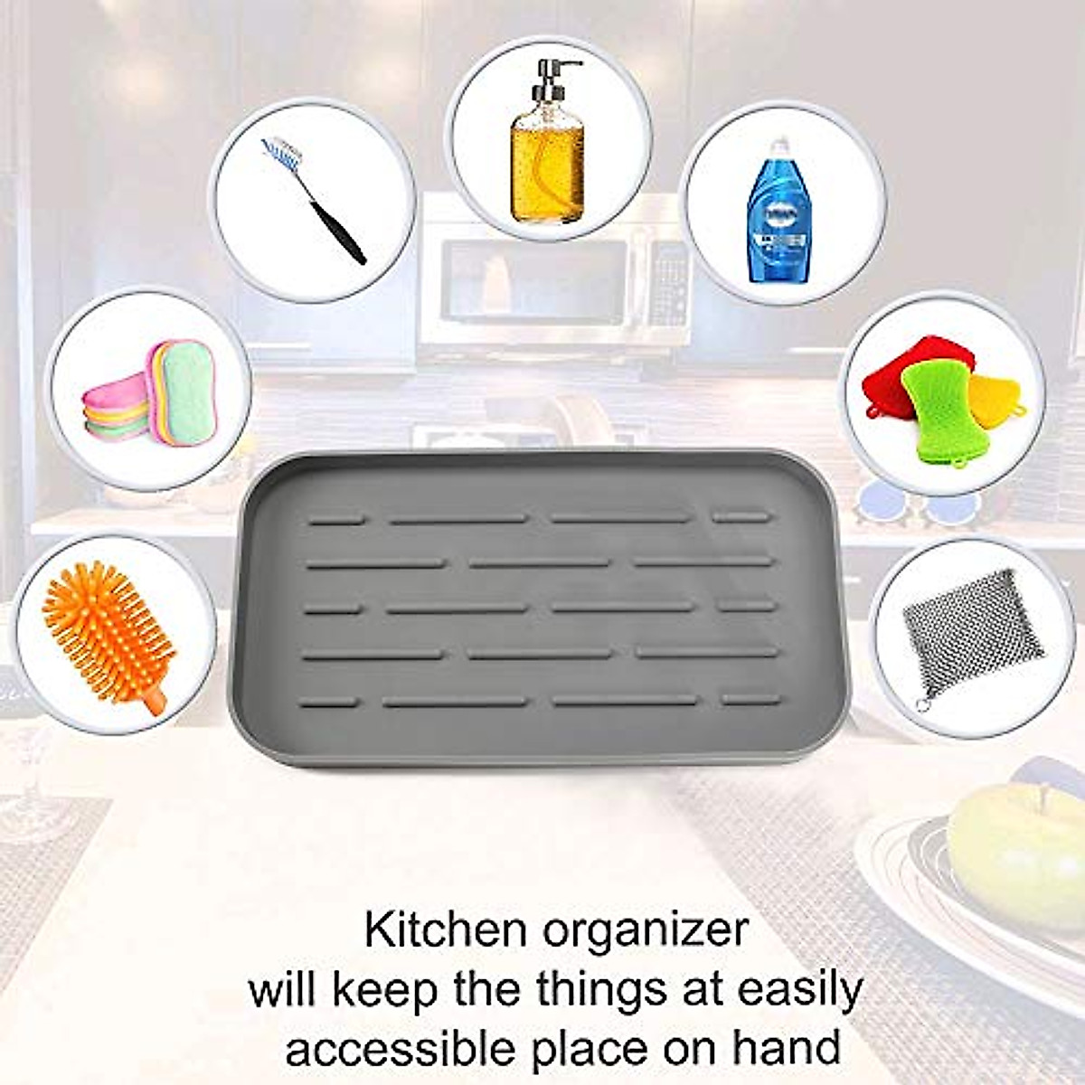 ETSAMOR Silicone Organizer Tray Gray Non Slip Heat Resistant Multi-use Sink Organizer Sponge brush Soap Dispenser Srubber Toothbrush and Other Accessories Organizer