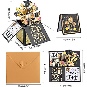 POPGIFTU 2024 Graduation Pop Up Card, Black Gold Pop Up Congrats Grad 2024 Greeting Card with Envelope, Congratulations Graduation Gifts for 2024 High School College University Graduates