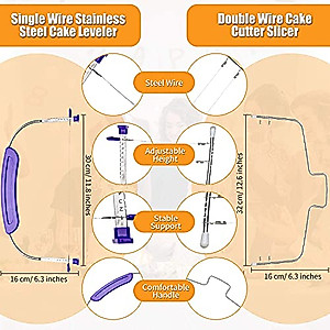 3 Pieces Kitchen Baking Tools, Adjustable Cake Levelers, Double Wire Cake Slicer Levelers and Stainless Steel Cake Knife with Plastic Handle for Wedding Birthday Layer Cake