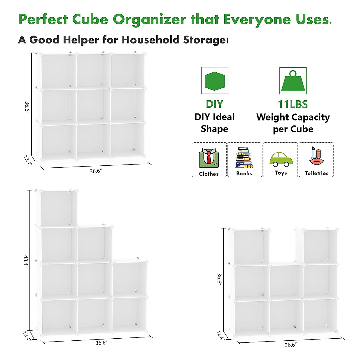 C&AHOME Cube Storage, 9-Cube Bookshelf, Plastic Closet Cabinet Organizer, DIY Stackable Bookcase, Modular Shelving Units Ideal for Home, Office, Kids Room, 36.6" L x 12.4" W x 48.4" H Milky UPCS09M