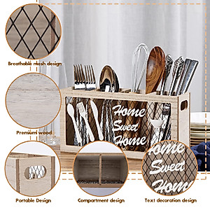 Wood Utensil Holder Caddy with Handle for Kitchen Countertop, LASZOLA 4 Compartments Wooden Utensil Crock Flatware Silverware Cutlery Storage Organizer for Farmhouse Countertop Decor