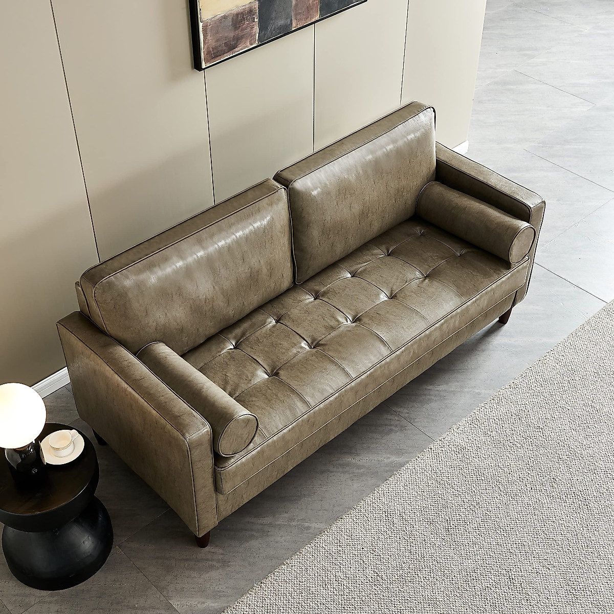 TARTOP Vegan PU Leather Living Room, Mid-Century Upholstered 3 Sofa Couch with 2 Pillows,Hidden Storage Space and Button Tufted Seat for Home or Office,Khaki
