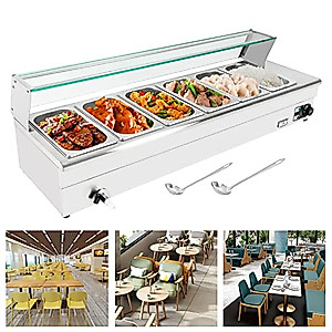 Countertop Food Warmer Stainless Steel Buffet Pan Soup Warmer with Glass Cover Electric Food Steam Table Server Table for Catering Restaurants Parties, 6 Pans,1.2kW,110V (Style 1)