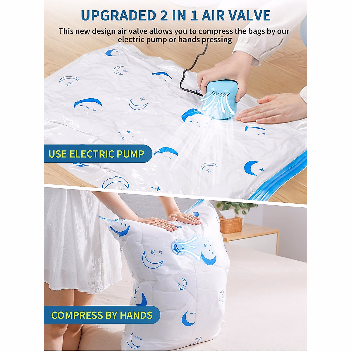 Vacuum Storage Bags with Electric Air Pump, 20 Pack (4 Jumbo, 4 Large, 4 Medium, 4 Small, 4 Roll Up Bags) Space Saver Bag for Clothes, Mattress, Blanket, Duvets, Pillows, Comforters,Travel, Moving