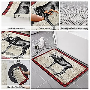 Christmas Bath Rugs Winter Christmas Reindeer Sponge Doormat Absorbent Non Slip Durable Flannel Mat Red Buffalo Plaid Retro Wood Grain Christmas Memory Foam Mats for Bathroom Kitchen 18 x 30 inches