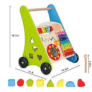 Wooden Baby Push Walkers for 1 Year Old Boys Girls, Push and Pull Learning Activity Center with Xylophone Shape Sorter Montessori Toys