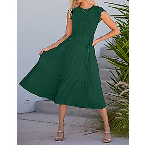 MEROKEETY Women's Summer Casual Short Sleeve Round Neck Smocked High Waist Flowy Sun Midi Dress,ForestGreen,L