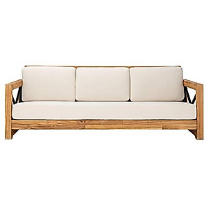 Safavieh CPT1010A Couture Curacao Brazilian Teak Outdoor 3-Seat Patio Sofa, Natural/White