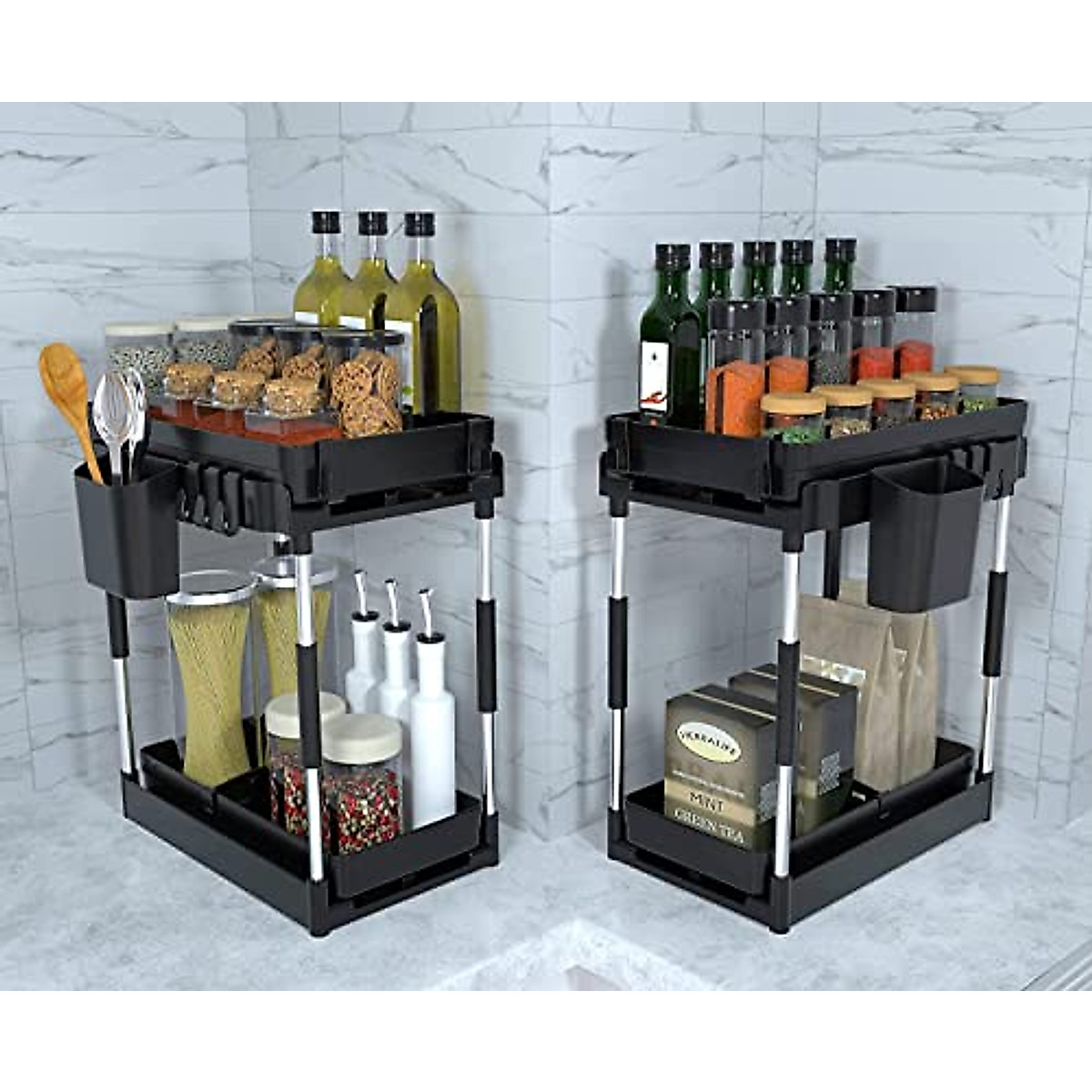Double Sliding Under Sink Organizers and Storage - 2 Tier Pull Out Under Kitchen Cabinet Organizer w 4 Hanging Cup,8 Hooks,4 Dividers, Under Counter Sink Organization for Bathroom, Adjustable H and W