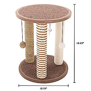 Cat Scratching Post - 3 Scratcher Posts with Carpeted Base Play Area and Perch - Furniture Scratching Deterrent for Indoor Cats by PETMAKER (Brown)