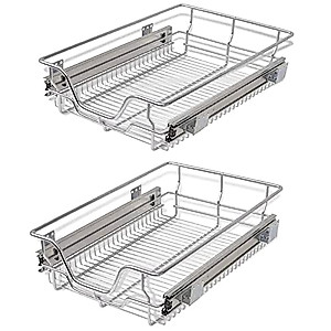 Mogou Pull-Out Wire Basket Pull Out Spice Rack, Blind Corner Cabinet Pull Out, Pull Out Shelf Storage for Kitchen Base Cabinet Organizations 2 pcs Silver 15.7"