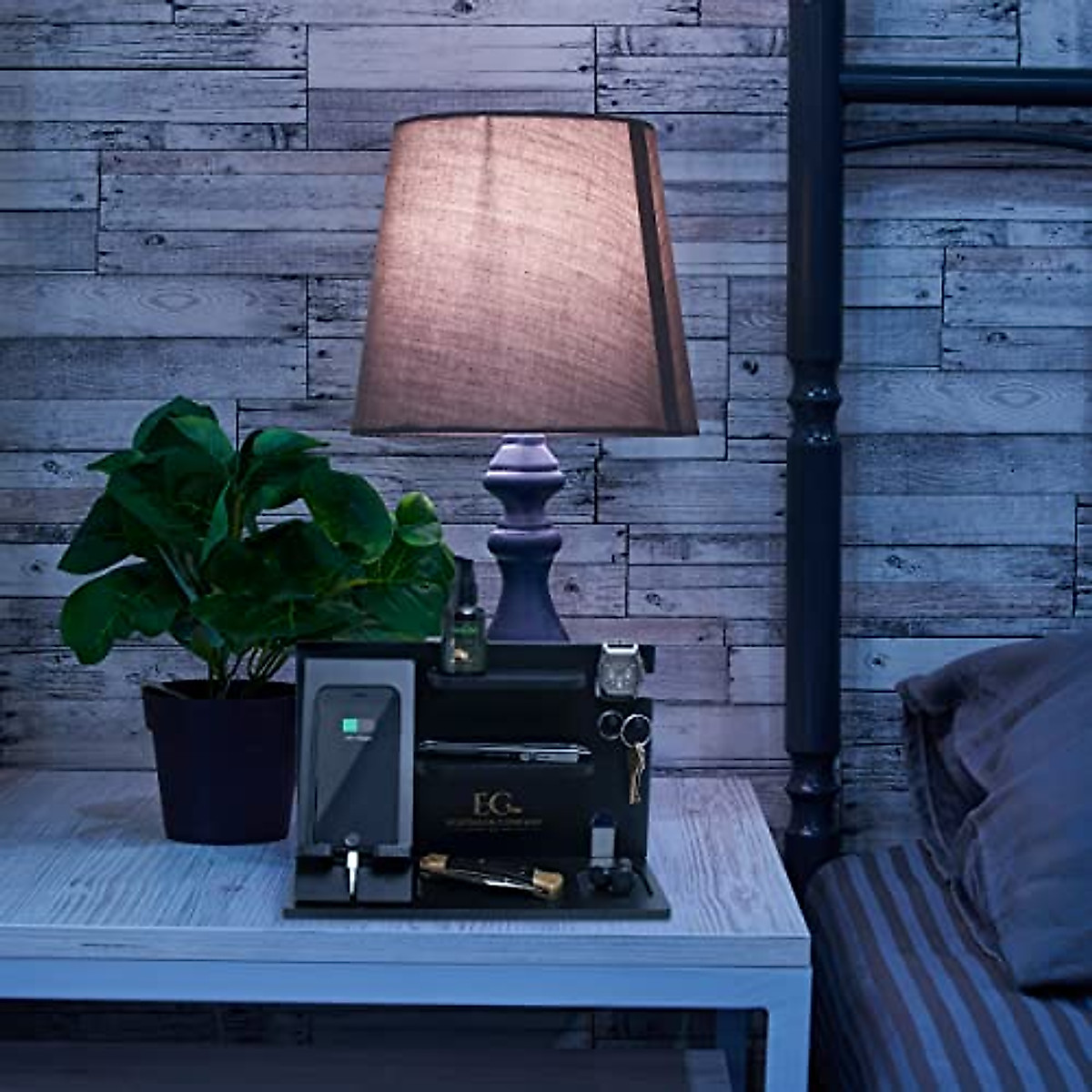 Wood Phone Docking Station Key Holder Wallet Stand Watch Organizer for Men Husband Dad - Anniversary Birthday Father Black Walnut