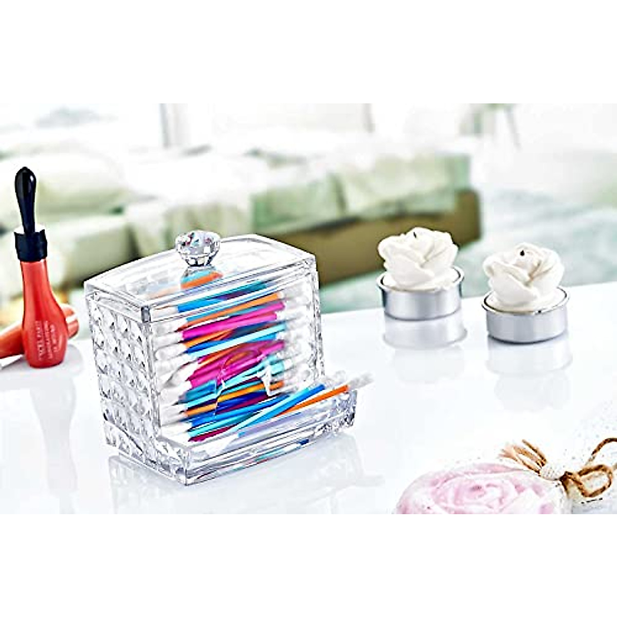 Bremen Home Acrylic Cotton Swab Holder, Diamond Design Qtip Dispenser Countertop Storage Organizer Box Jars for Bobby Pins, Cotton Balls, Makeup, Small Bathroom Accessories, Boxed
