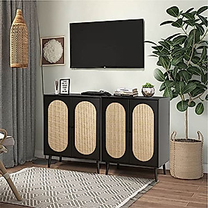 Sideboard Buffet Cabinet, Kitchen Storage Cabinet with Rattan Decorated Doors, 4 Doors Console Table Buffet Cabinets with Adjustable Shelves for Kitchen Dining Room Living Room Hallway(Black,2 Sets)