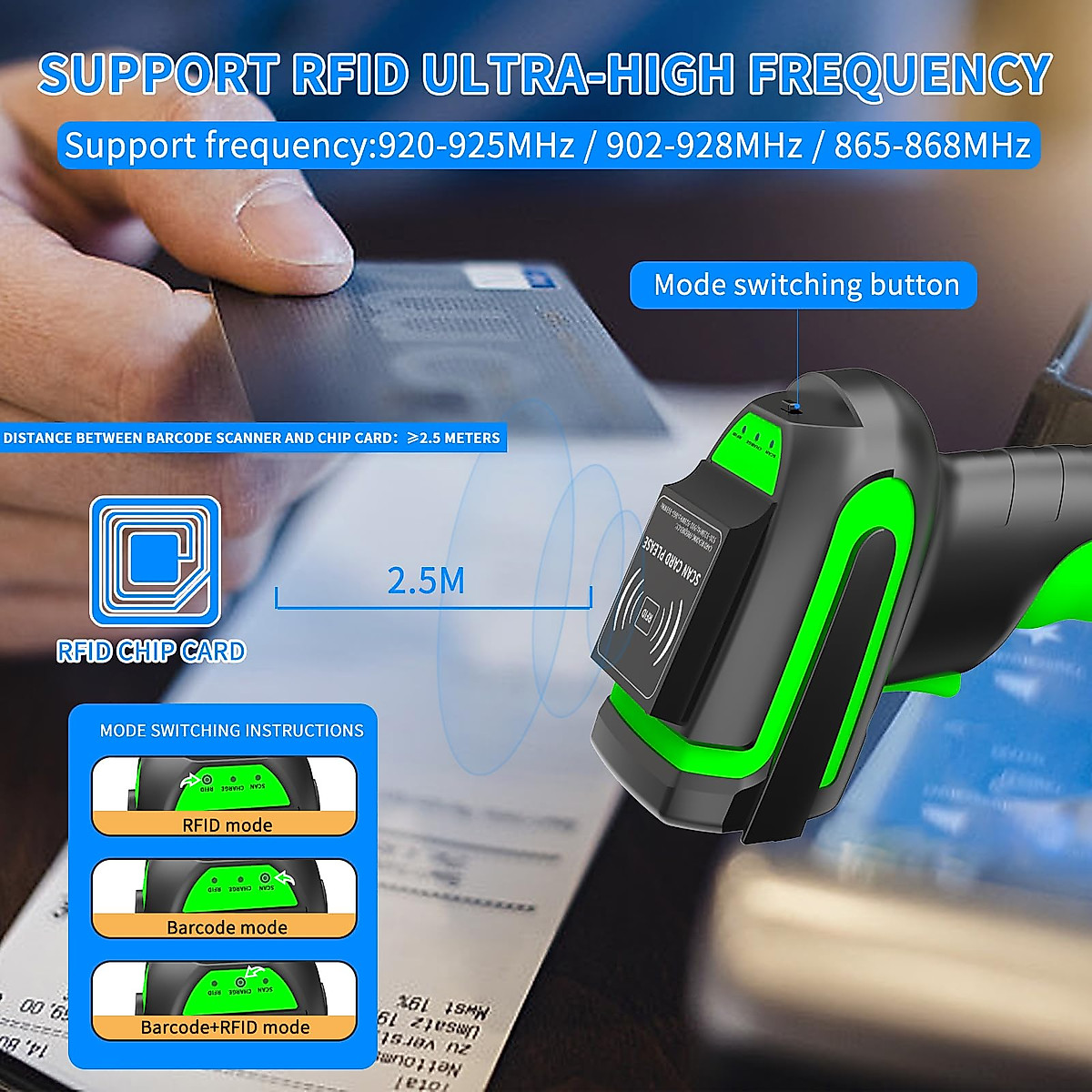 2D UHF RFID Wireless Bar Code Scanner Ultra-Long Distance Reading Industrial Barcode Scanner,1D/2D/QR&USB Wired &USB Wired and BT Wireless 2.4Ghz 3 in1 Barcode Reader for Inventory,Remote Items etc