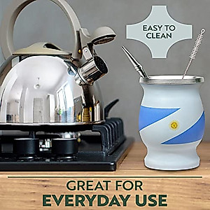 Yerba Mate Natural Gourd/Tea Cup Set Argentinian Flag/Argentina (Original Traditional Mate Cup - 8 Ounces), Includes 2 Bombillas (Yerba Mate Straws) & Cleaning Brush, Stainless Steel, Double-Walled