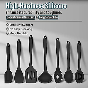 Silicone Cooking Utensils Set, E-far 7-Piece Black Heat Resistant Kitchen Utensils Set, Kitchen Nonstick Tools Spatula Ladle Spoon Pasta Server for Non-stick Cookware, Non-Toxic & Dishwasher safe