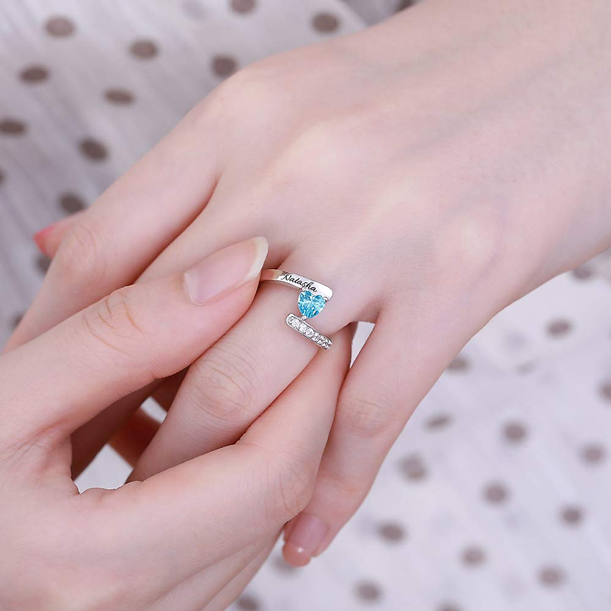 AILIN Heart Birthstone Rings With Name 925 Sterling Silver Crystal Custom Engraving Promise Rings Wedding Engagement Birthday Gifts For Her Women