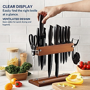 Gourmetop Kitchen Knife Set with Block 15 pcs, Kitchen Knife Block Set with Wood Acrylic Stand, Sharp Knife Set with Sharpener, Scissors, and Peeler, Black Cooking Knives Set for Kitchen Cutting