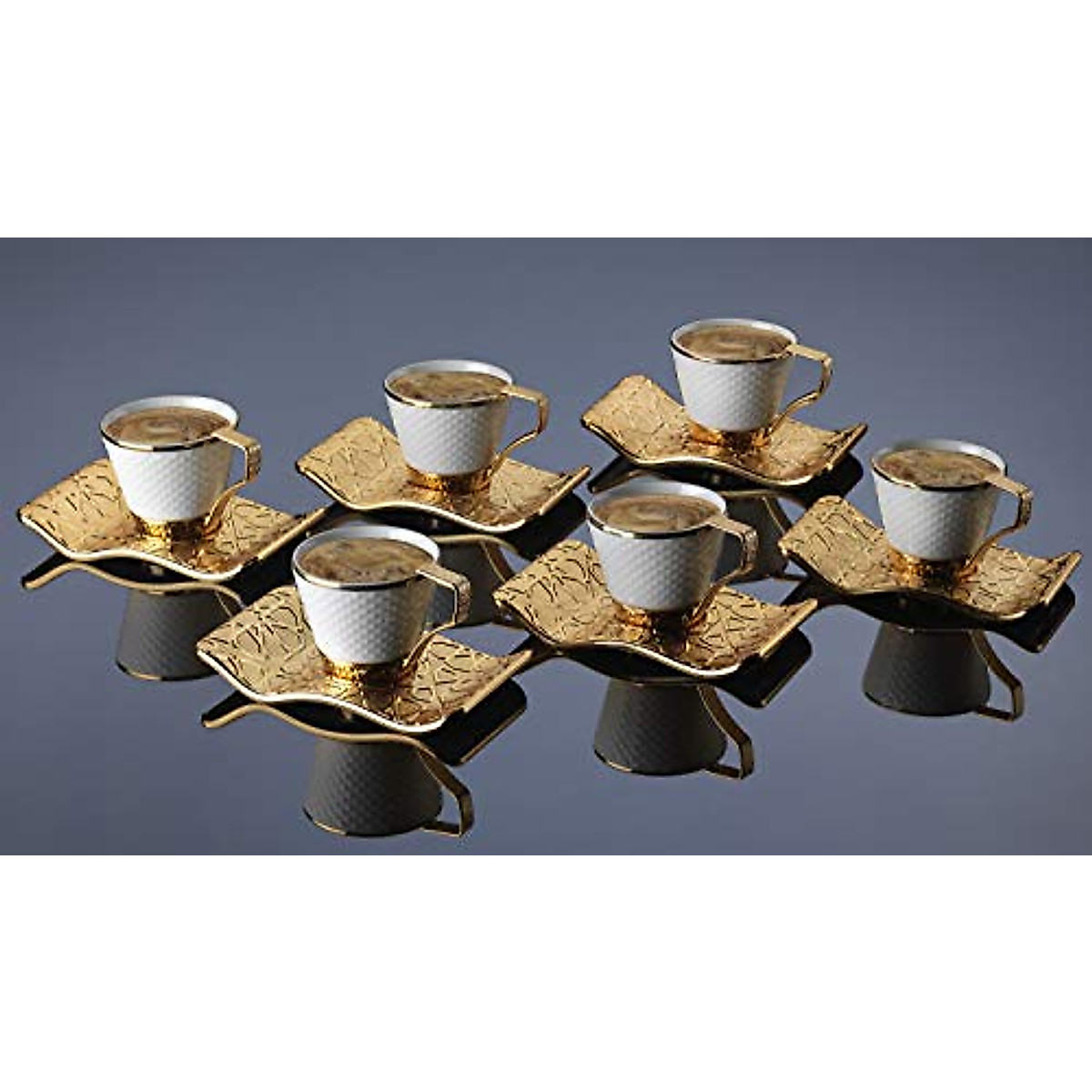 DEMMEX Stunning Espresso Turkish Coffee Cups with Metal Holders and Saucers Set for 6, 2.6 Ounces (White - Gold)