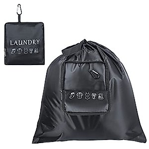 Travel Laundry Bag, Foldable Laundry Bag with Zipper and Drawstring, Lightweight and Expandable Dirty Clothes Bag, Washable Waterproof Wet Dry Bag for Travel, Camp, Fitness, Swimming (black)