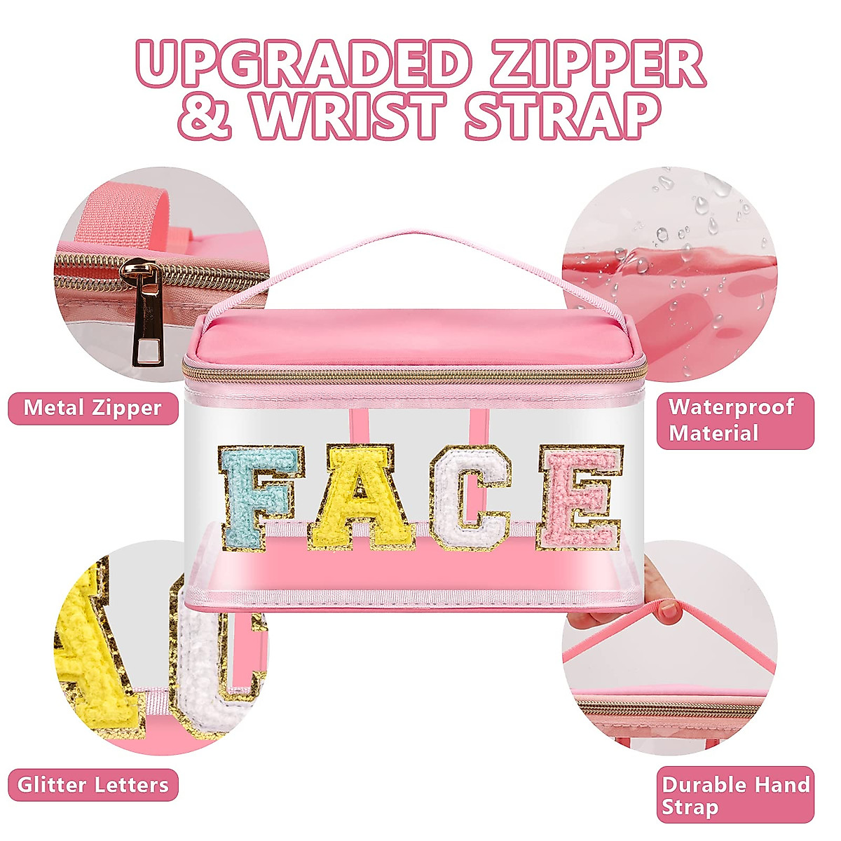 Iqimott Preppy Clear Makeup Cosmetic Bag for Women Travel, Nylon PVC Chenille Glitter Letter Toiletry Storage Tote Bag, Transparent Waterproof Organizer Zipper Pouch with Handle(Face, Pink)