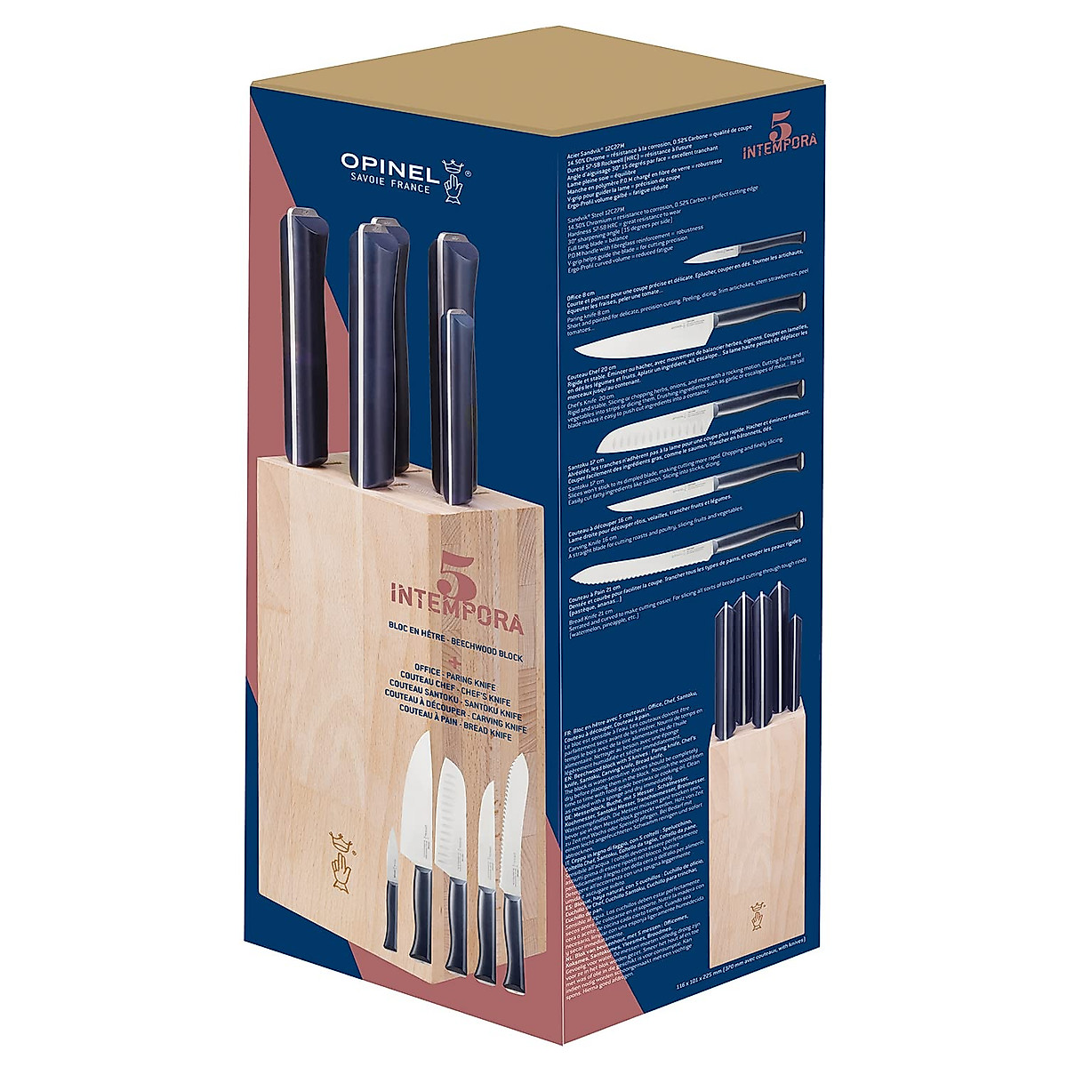 Opinel Intempora Knife Block with 5 Knives, Beech Wood Knife Block, Knife Set