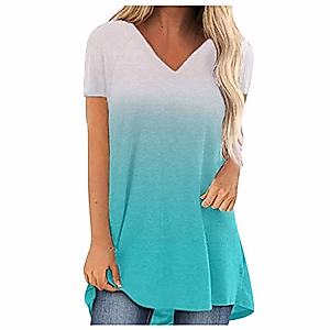 Women's Tunic Tops Short Sleeve Loose V Neck Flowy Gradient Shirts Blouse Casual T Shirt Green