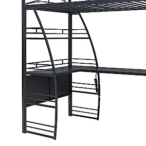 FANYHOME Twin Size Loft Bed with 4 Layers of Shelves and L-Shaped Desk, Stylish Metal Frame Bed with a Set of Sockets, USB Ports and Wireless Charging, Black