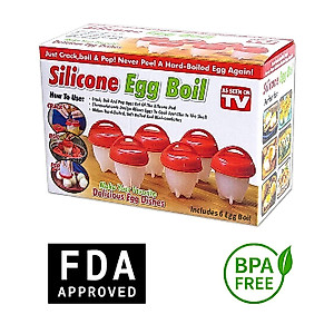 Shaliyan Egg Cooker-6 Pack 6 Exclusively and Holder 6 Nonstick Silicone Seen on TV Hard Boiler Poache, Standard, White/Red