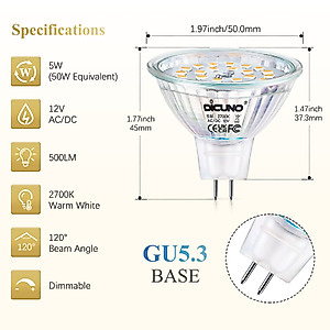 DiCUNO MR16 LED Bulbs Dimmable 50W Halogen Replacement 2700K Warm White, GU5.3 Bi-Pin Base Glass Cover 120 Degree Beam Angle 12V 5W 500 Lumens, Landscape Spotlight Track Recessed Lighting, 10 Packs